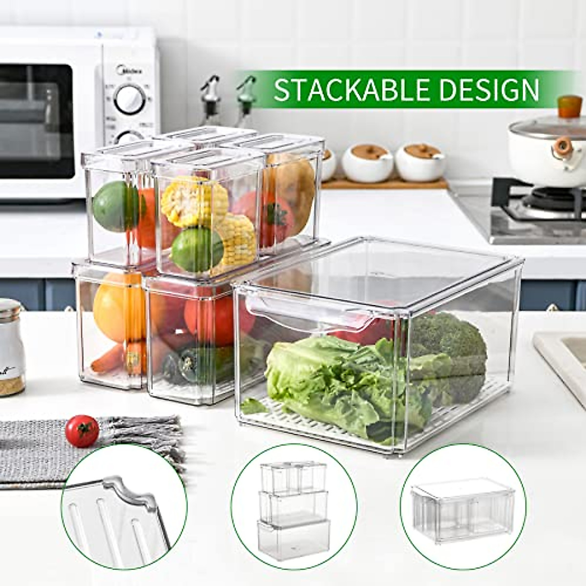 Set Of 7 Clear Fridge Organizer Stackable Refrigerator Organizer Bins with Lids,Pantry Organization and Storage,Apply to Fridge,Fresh Keeper Bin,with Vented Lids & Removable Drain Tray