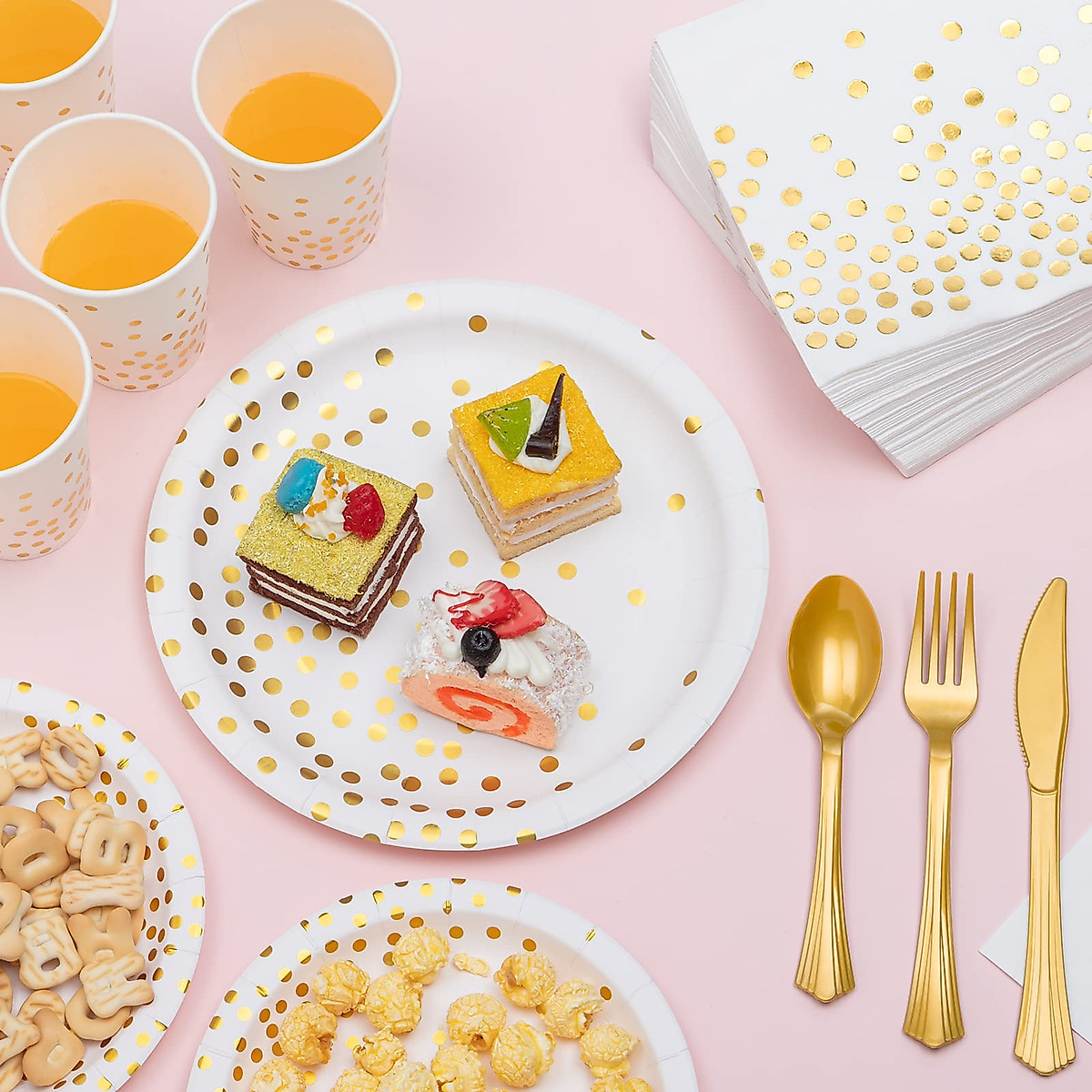 White and Gold Party Supplies, 350PCS Disposable Dinnerware Set w/White Paper Plates Napkin Cups Plastic Forks Knives Spoon for Women Men Birthday Easter Retirement Engagement Graduation Decorations