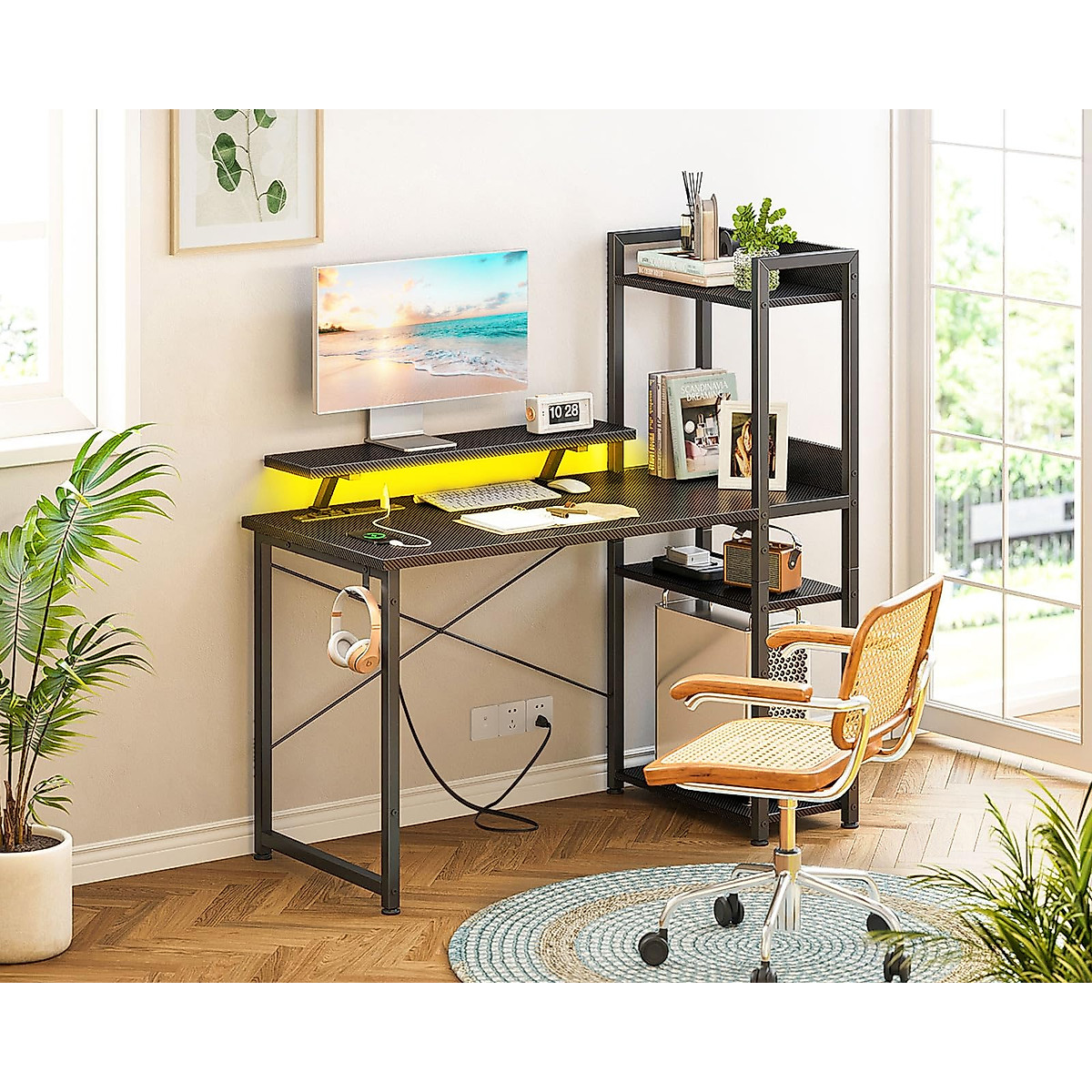 ODK Reversible Gaming Desk with USB Charging Port and LED Lights, 40 Inch Computer Desk with Storage Shelves & Monitor Stand, Study Table for Home Office, Small Space Bedroom, Carbon Fiber Black