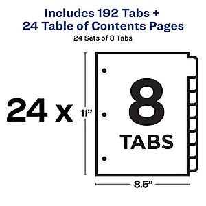 Avery 8-Tab Dividers for 3 Ring Binders, Customizable Table of Contents, Multicolor Tabs, 24 Sets (11168)