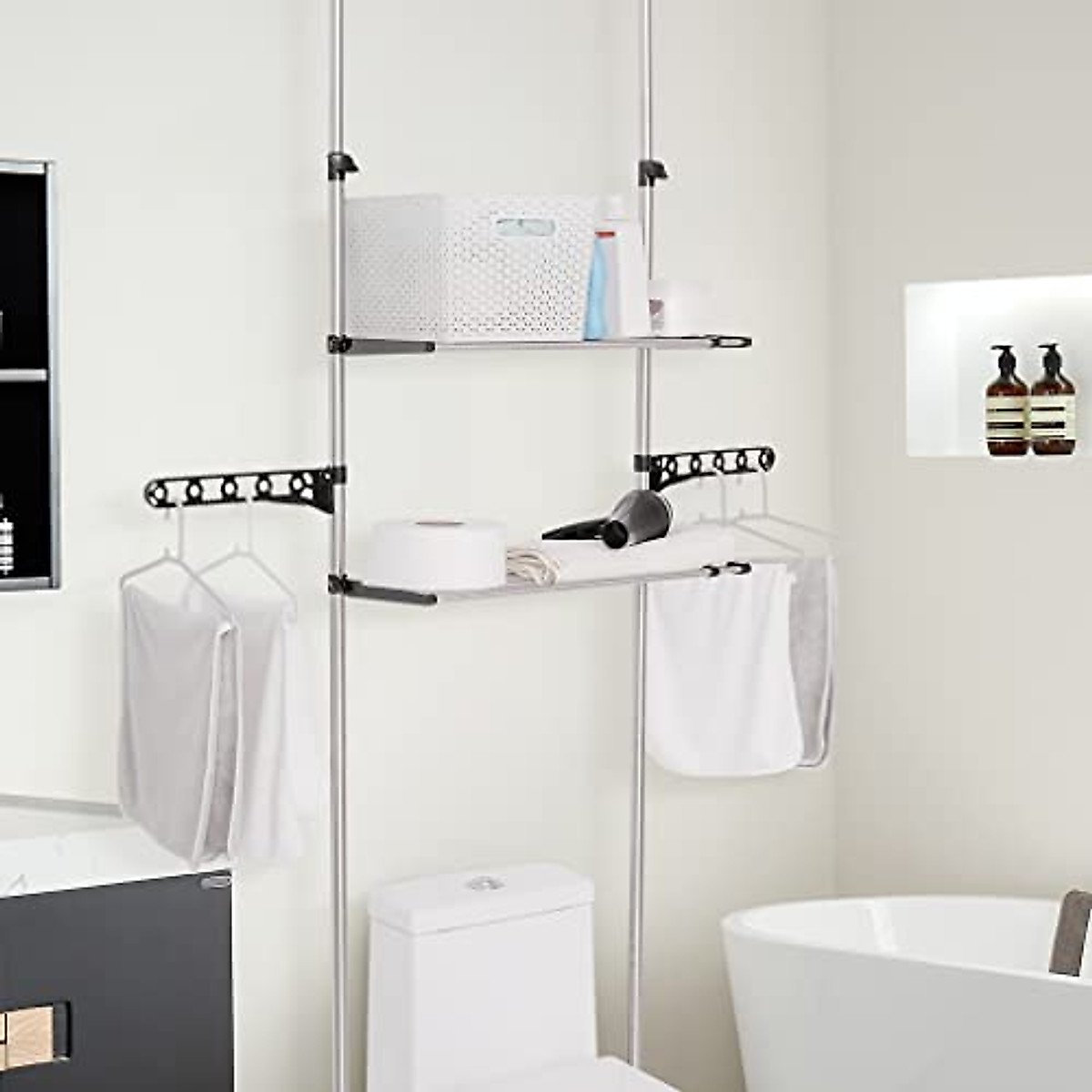 DAHOOMII Over The Toilet Storage Rack Above Washing Machine and Dryer Shelf Laundry Room Organizer 2-Tier Adjustable Bathroom Space Saver with 2 Hangers - Black