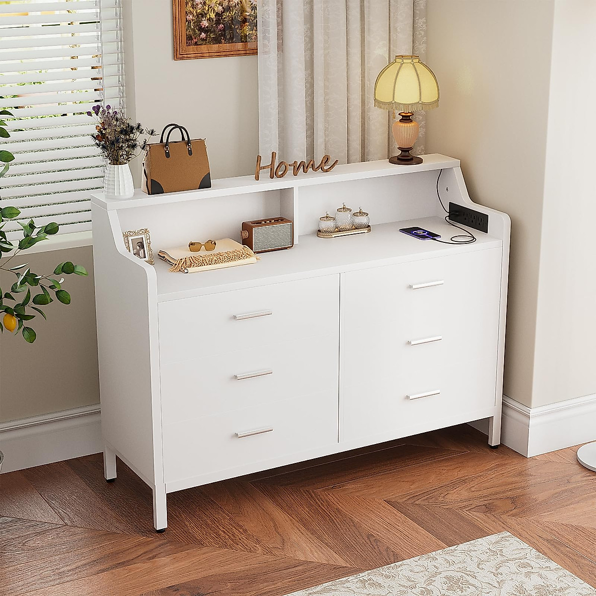 Hyomdeck 6 Drawer Dresser for Bedroom, Wooden Chest of Drawers with Power Outlets and Smart LED Light, Sturdy Modern Bedroom Furniture, Wide Storage Dresser for Living Room, Closet, Entryway, White