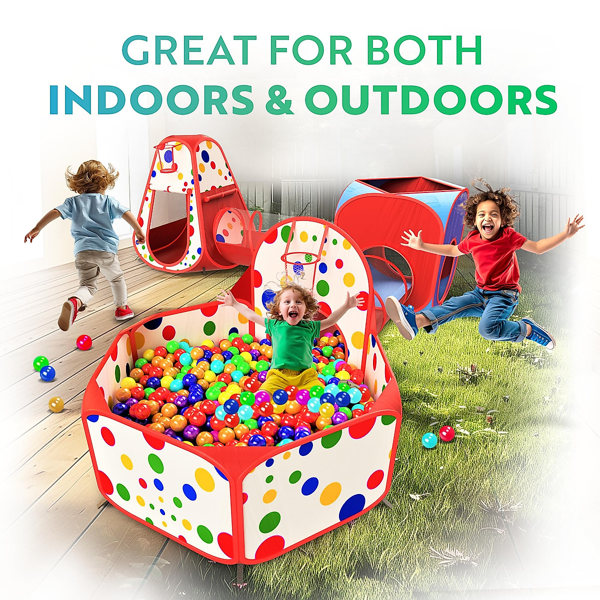 Playz 5-Piece Kids Play Tents Crawl Tunnels and Ball Pit Popup Bounce Playhouse Tent with Basketball Hoop for Indoor and Outdoor Use with Red Carrying Case