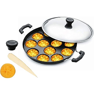 YADNESH Nonstick Aluminum Appam Pan, 12 Pits, Includes Lid, Easy to Clean, Dimension: Length 9", Width 9", Height 2"