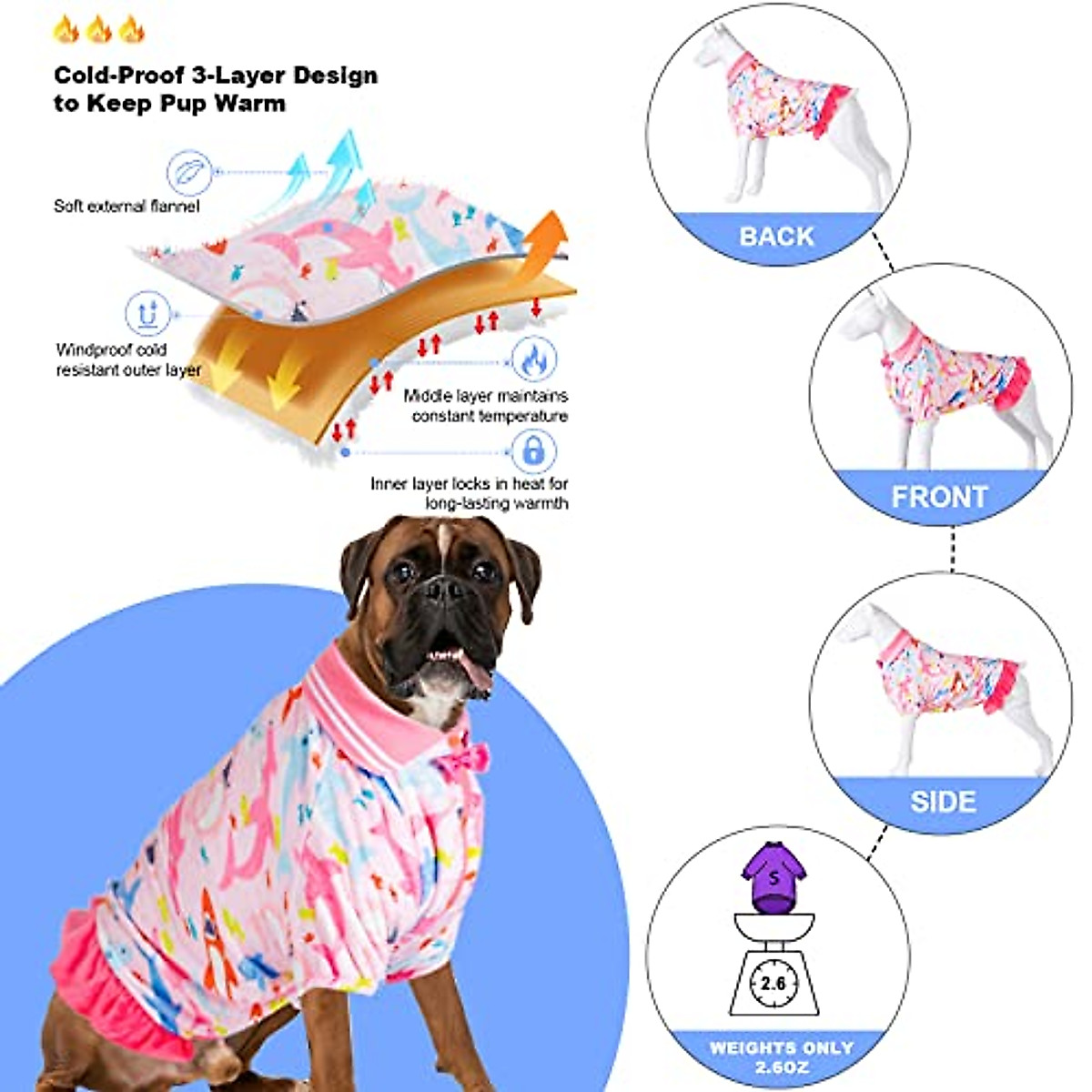 LovinPet Dog Coat Large Breed 5XL, Upgrade Warm Pajamass for Dogs, Skin-Friendly Flannel Fabric Clothes for Dog, Big Bites Pink Prints Dog Sweater, Warm Dog Clothes for Large Dogs Breed,XL