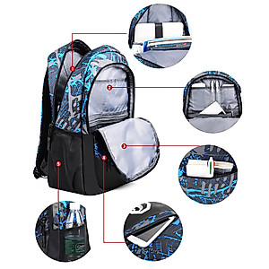 Pawsky School Backpack for Boys, 14 Inch Laptop Backpack with USB Charging Port, Anti-theft Lock, Lunch Bag & Pencil Case, Lightweight Water Resistant Bookbag Daypack