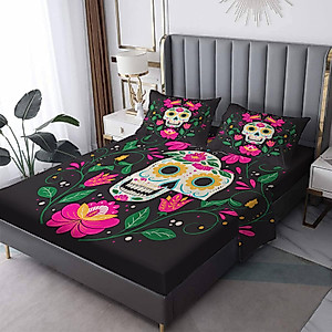 Sugar Skull Sheets Twin Size, Day of The Dead Bed Sheets, Patterned Bedding Sheets & Pillowcases 3 Piece Set - Soft Microfiber Deep Pocket Fitted Sheet & Flat Sheet & Pillow Case Z3-&-210