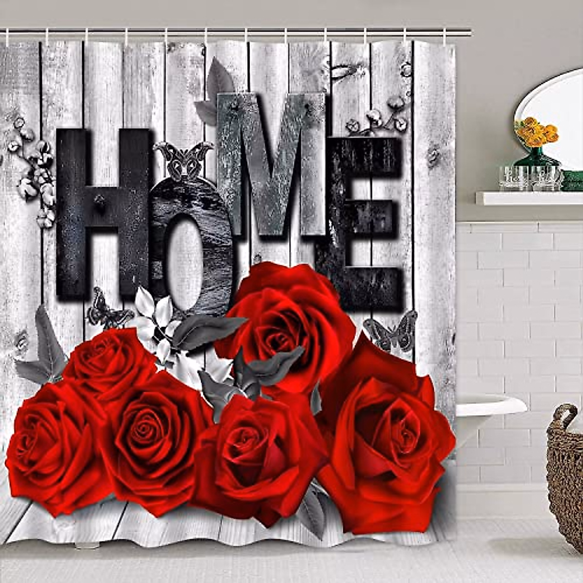 Yddsky Red Rose 4 Pcs Shower Curtain Sets Non-Slip Rugs Bath Mat Toilet Cover U Shaped Mat Black Red Shower Curtain with 12 Hooks Red Rose Valentine's Day Bathroom Set