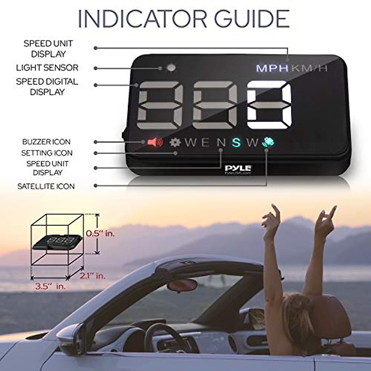 Pyle 3.5’’ Car HUD - Head-Up Display Multi-Color Windshield Screen Projector Vehicle Speed & GPS Navigation Compass, Plug & Play - (PHUD12)