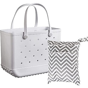 YNGCHNG Rubber Beach Bag With Swim Wet Bag,Waterproof Sandproof Washable Durable Open Tote Bag Travel Bag for Beach Outdoor (White, Large)