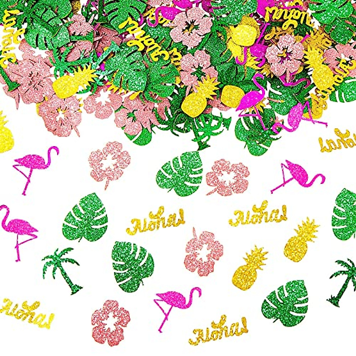 360 Tropical Hawaii Luau Confetti Flamingo Cupcake Toppers Pineapple Palm Leaves Hibiscus Flowers Confetti Table Decor for Summer Beach Party Baby Shower Wedding Aloha Party Supplies Favor
