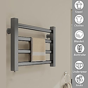 NJDQFA Small Towel Warmer Plug-in,Energy-Saving Heated Drying Rack 4 Bars,Heated Towel Racks for Bathroom Wall Mounted,Gray,Plug in Left