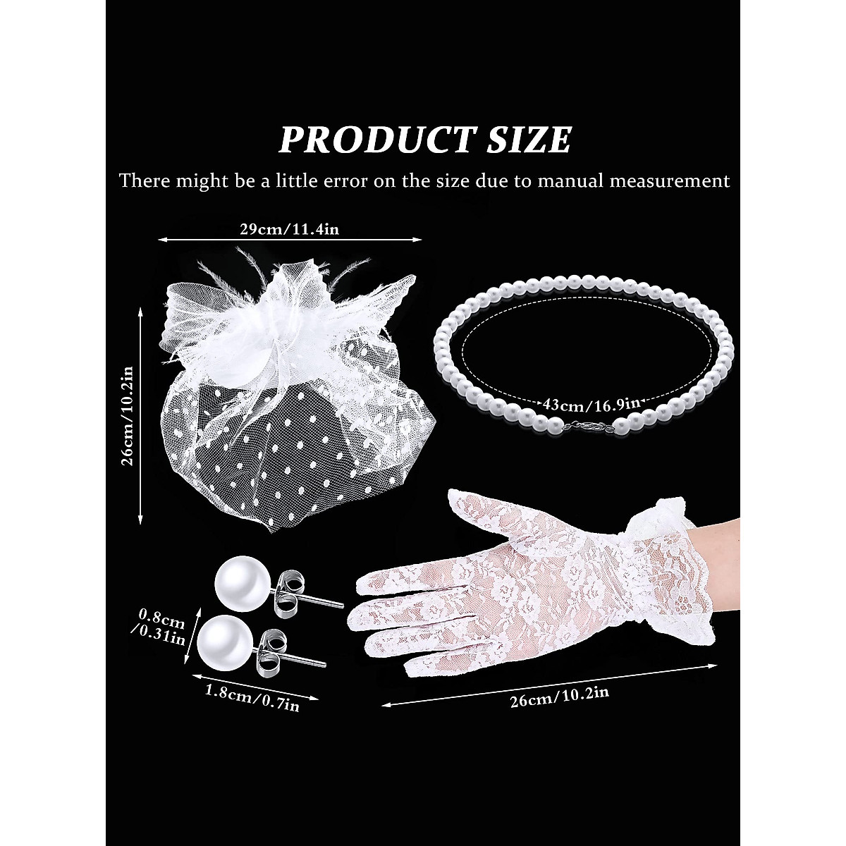 4 Pcs 50s Fascinators Hat for Women Tea Party with Short Lace Gloves Pearl Necklace Earrings for Wedding Halloween Funeral(White)
