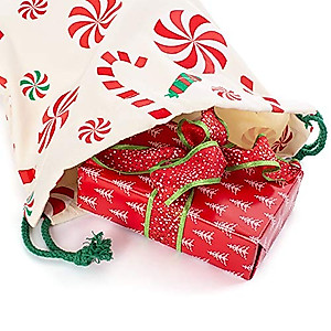 Pudgy Pedro's Party Supplies - Christmas Canvas Gift Bags - X-Large 26" x 19" Cream Peppermint Candy Cane - Jumbo Fabric Present Stocking - 1 ct