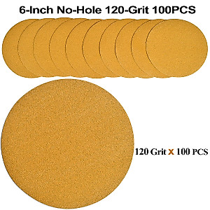 Aiyard 6-Inch No-Hole Hook and Loop Sanding Discs 120-Grit, Random Orbital Sandpaper for Automotive and Woodworking, 100-Pack
