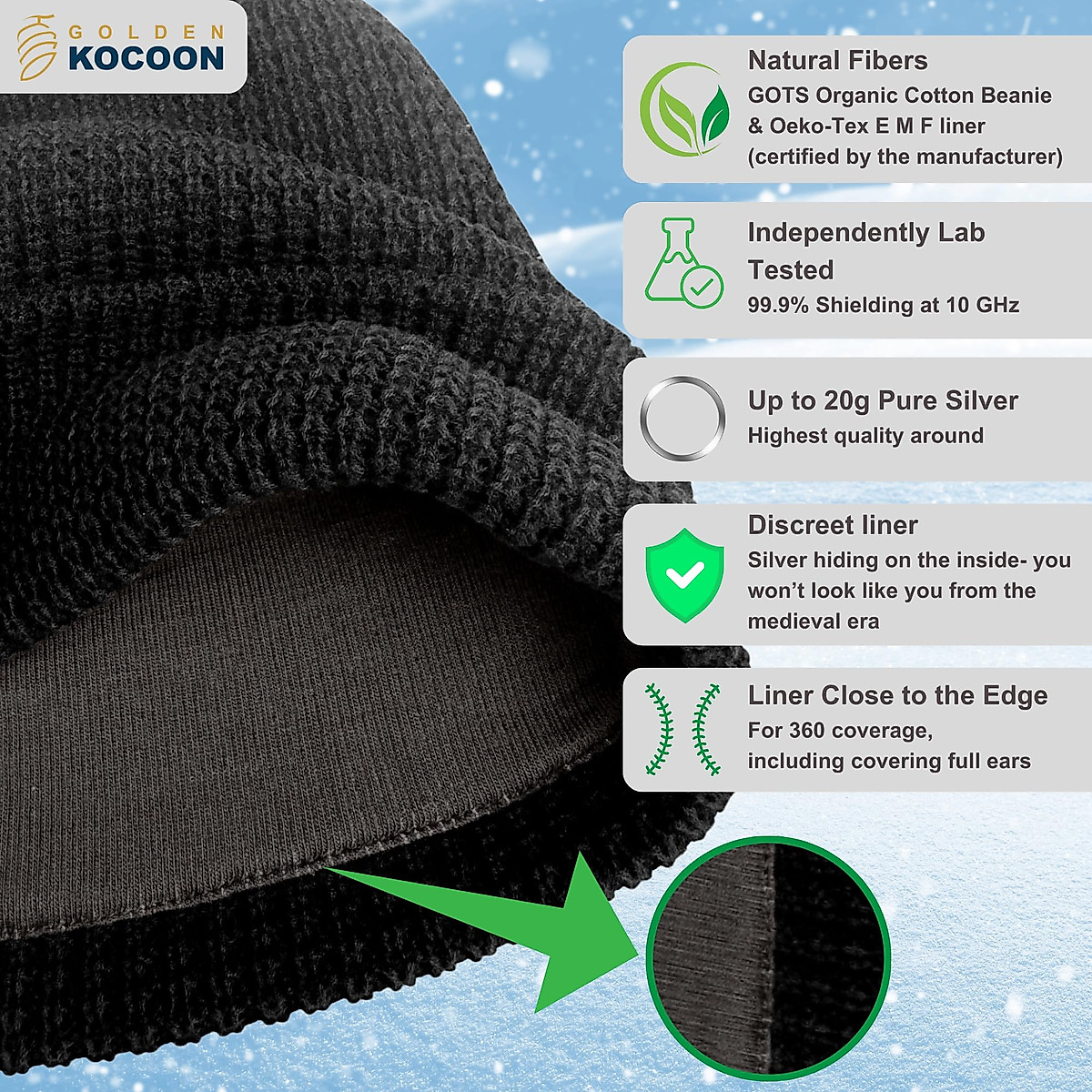 Golden Kocoon®- E-M-F Organic Cotton Beanie with EcoShield™ Tech Bamboo Lyocell Faraday Fabric Silver Liner- Adult Size Hat in Black -5 g, BT, Smart Meters & WiFi- Cocoon Cap