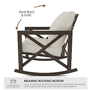 VONZOY Rocking Bistro Set, 3 Piece Outdoor Patio Furniture Set with 2 Rockers and 1 Metal Coffee Table, Rattan Conversation Sets with Thick Cushions for Backyard, Porch, Poolside (Khaki)