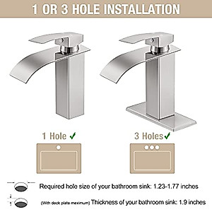 DJS Waterfall Single Handle Modern Bathroom Faucet, Brushed Nickel, 1 or 3 Hole Bathroom Sink Faucet Mixer Tap Washbasin, Faucet with Deck, Pop-up Drain and Supply Hoses