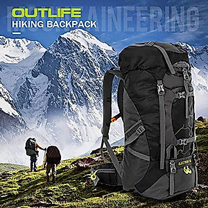 OUTLIFE Hiking Backpack 60L Lightweight Water Reasistant Trekking Bag Durable Outdoor Sport Daypack for Climbing Mountaineering Fishing Travel Cycling