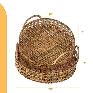 First of a Kind Rattan Tray with Handles - Natural Wicker Round Decorative Tray - Serving Trays for Fruit, Bread, Coffee Table & Home Decor - Hand Woven Rattan Basket (Set of 2-20 Inch)