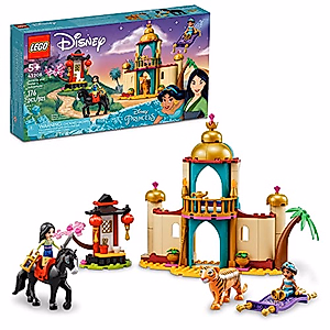 LEGO Disney Princess Jasmine and Mulan Adventure 43208 Palace Set, Aladdin & Mulan Buildable Toy with Horse and Tiger Figures, Gifts for Kids, Girls & Boys