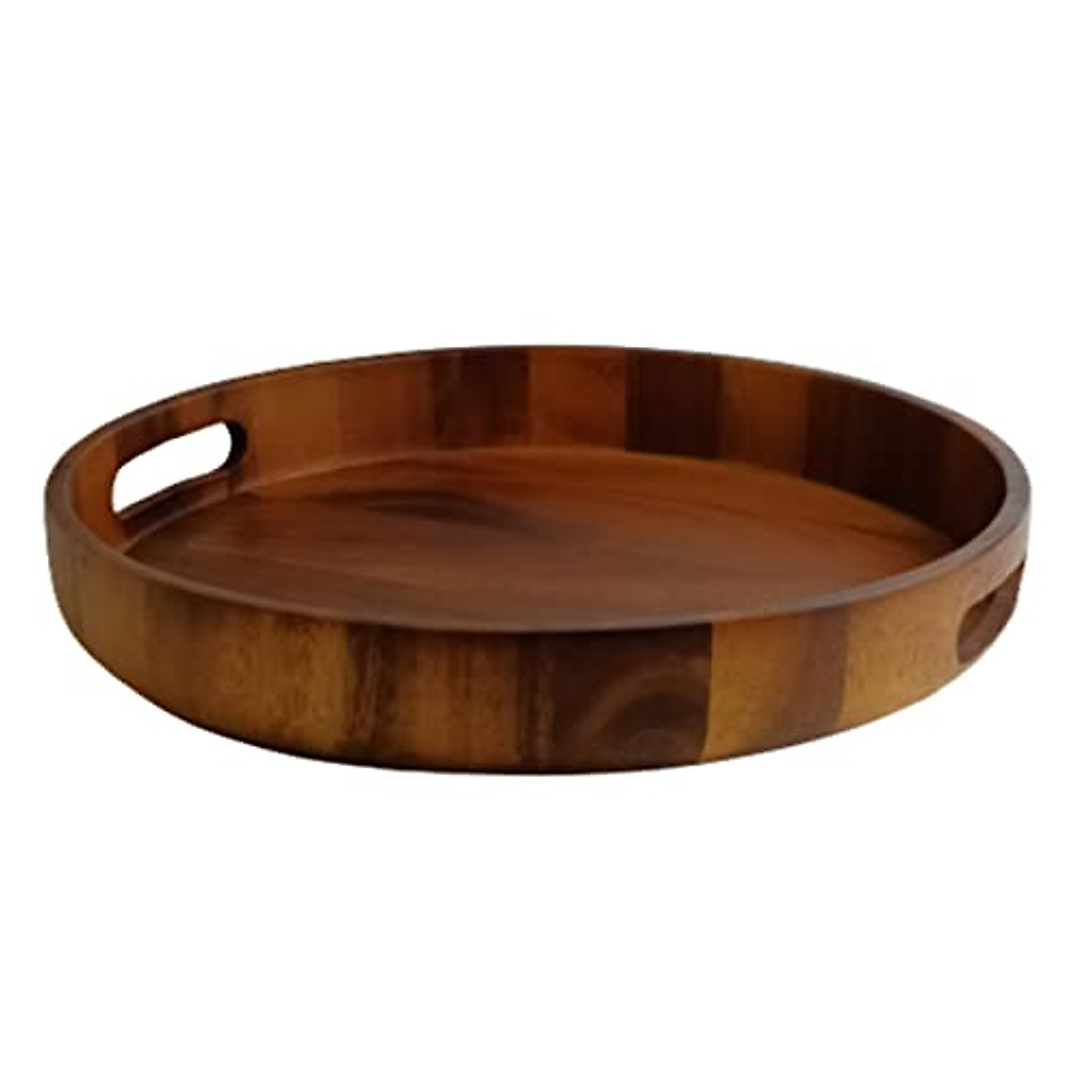 F&L FL005 Acacia Wood Serving Round Tray with Handles Crafted Natural for Coffee, Tea, Breakfast, Lunch, Dinner, Appertizers, Fruit, Dessert, Cake, Snack, Large Platter 14" Diameter x 2" Height