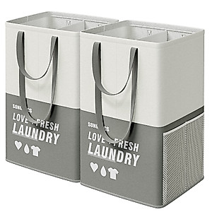 SONGMICS Laundry Baskets, Laundry Hamper with 2 Compartments, 23.8 Gallon (90L) Set of 2 Collapsible Water-Repellent Clothes Hampers, Tall Laundry Bag for Bedroom Bathroom, Dark Gray ULCB209G22