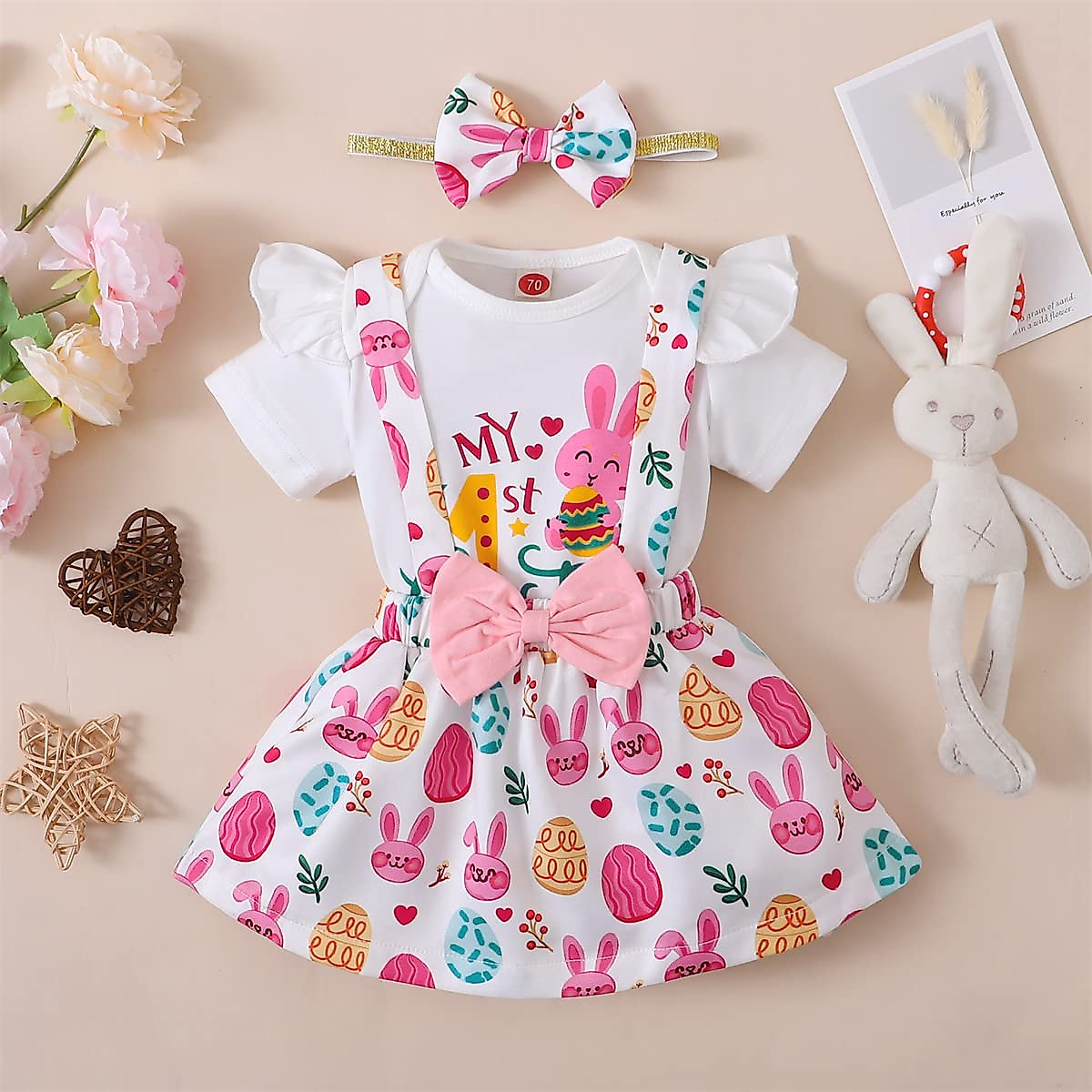 Vedext Baby Girl Easter Outfits Short Sleeve Rabbit Romper Bodysuit+ Bunny Suspender Skirt +Bunny Headband Newborn Girl Easter Clothes (Rabbit White, 0-3 Months)