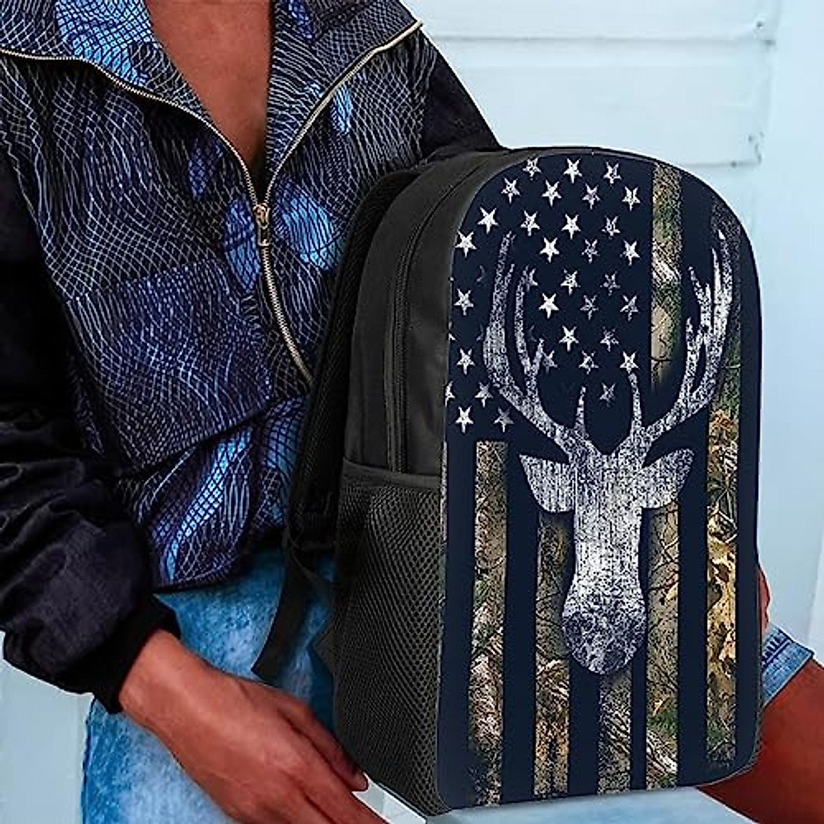 Mumeson Cool Deer and America Flag Print Kids Backpack Schoolbag Soft Cushion Shoulder Straps Rucksack Daypack Durable Zipper Closure Bookbag for Boys Middle School
