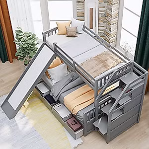 ERDAYE Multifunction Stairway Twin Over Full Bunk Bed Frame with Drawers and Slide for Children, Teens, Adults, Boys & Girls Bedroom Wood Bedframe w/Storage Staircase, No Box Spring Needed, Gray