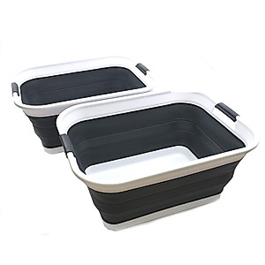 SAMMART 42L(11 gallon) Set of 2 Collapsible Plastic Laundry Basket-Foldable Pop Up Storage Container-Portable Washing Tub-Space Saving,Water capacity 34L(9 gallon) (2 rectangular - strengthen, black)