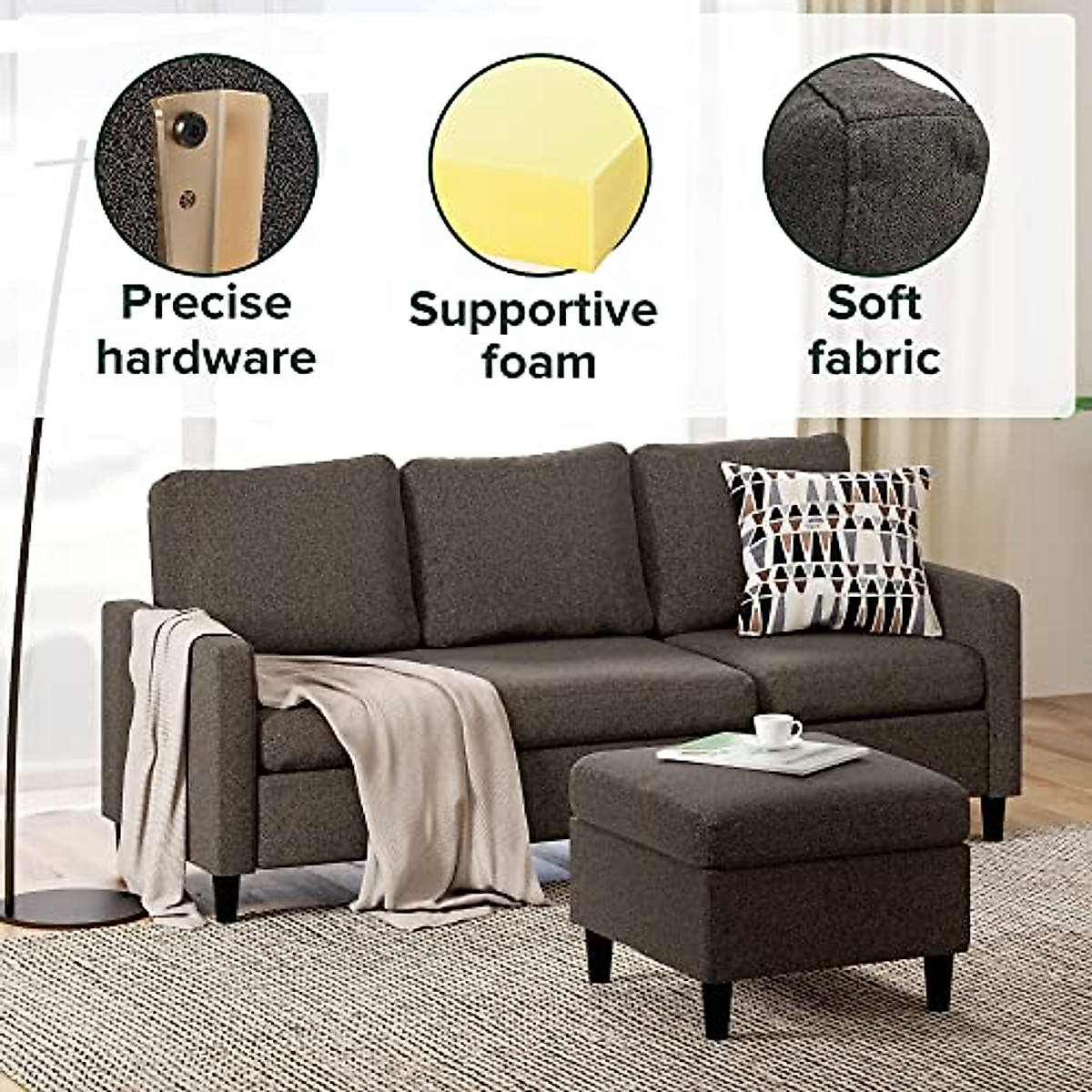ZINUS Hudson Convertible Sectional Sofa / Reversible Chaise and Ottoman Included / Easy Assembly, Dark Grey