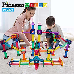 PicassoTiles 200 Piece Magnetic Marble Run Marbles for Kids Race Track Toy Set Marble Maze Sensory Toys for Toddlers STEM Educational Magnet Building Blocks Construction Building Tiles Boys Girls 3+