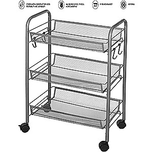 Urban Lifestyle 3 Tier Mesh All Purpose Utility Rolling Storage Cart, Silver
