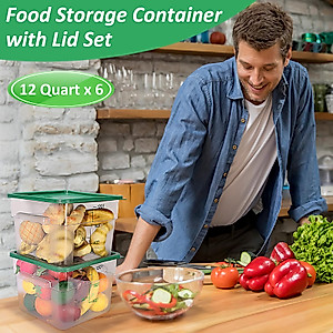 Yungyan 6 Pack 12qt Commercial Food Storage Containers with Lids Square Acrylic Airtight Food Container Clear Cereal Storage Container with Graduation and Handle for Pantry Kitchen Restaurant Freezer