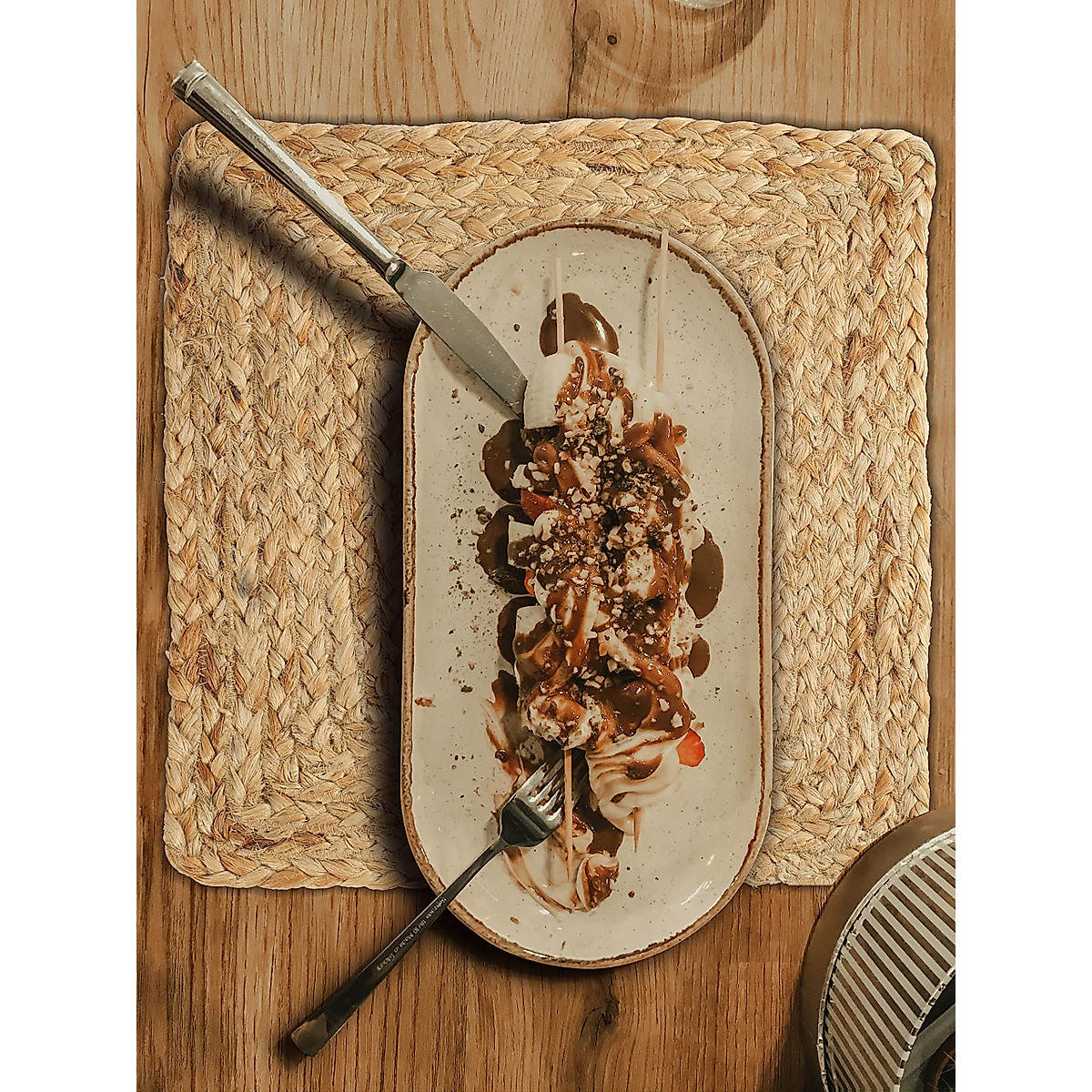 Natural Jute Placemat Set of 4 - Square 13 Inch Decorative Reversible Braided Hand Woven Charger for Dinner Table Décor Farmhouse Christmas Wedding Family Gathering Party and Everyday Use