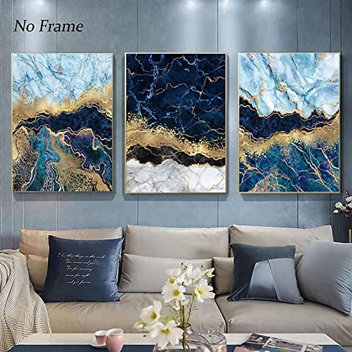 Navy Blue and Gold Marble Wall Art Abstract Marble Modern Trendy Canvas Prints Blue and White Marble Painting Abstract Shaped Artwork Light Blue and Navy Wall Art Abstract Marble 16x24inx3pcs No Frame
