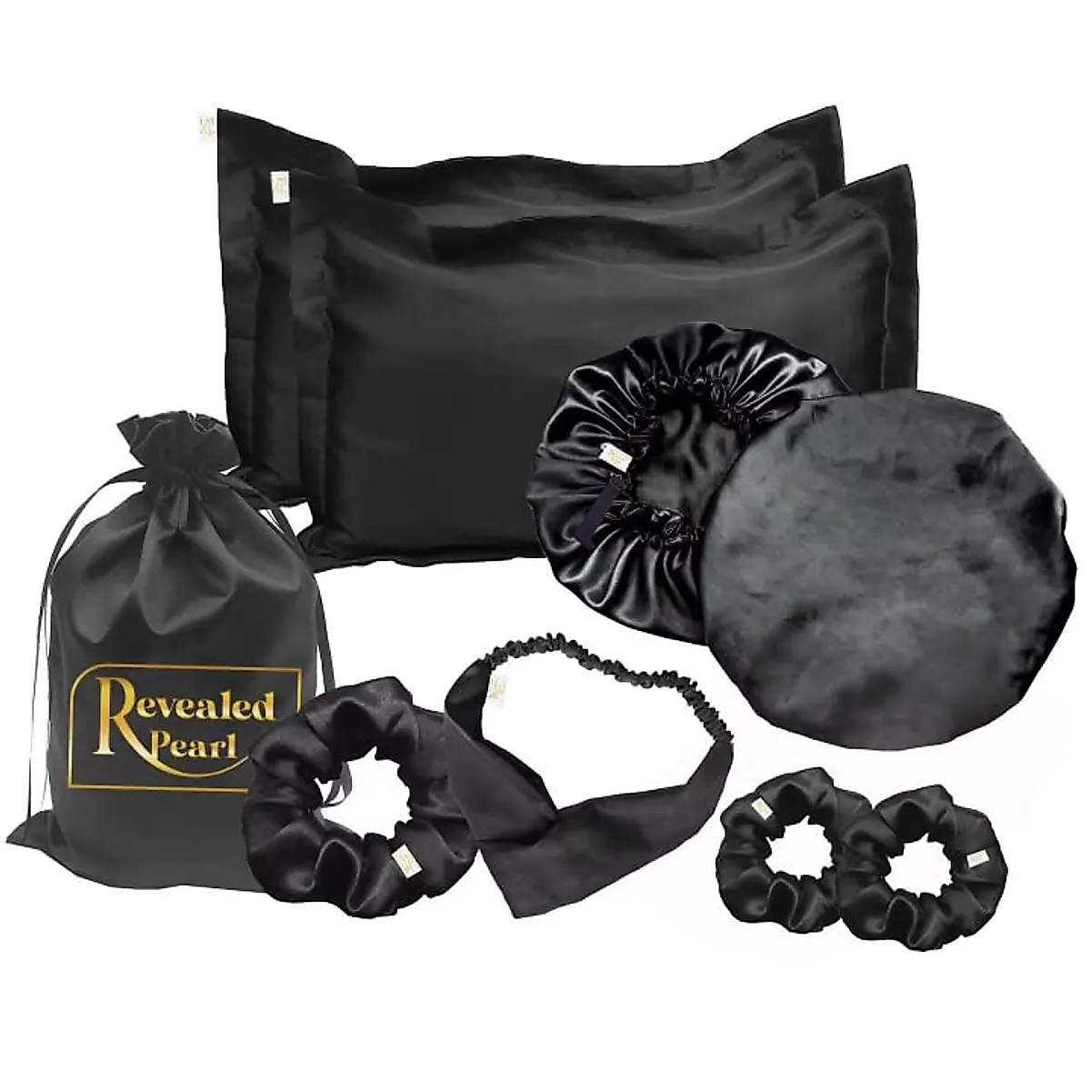 Natural hair essentials reversible and adjustable Satin bonnet, satin pillowcases, satin Scrunchies and headband set of 8 pieces (Black)