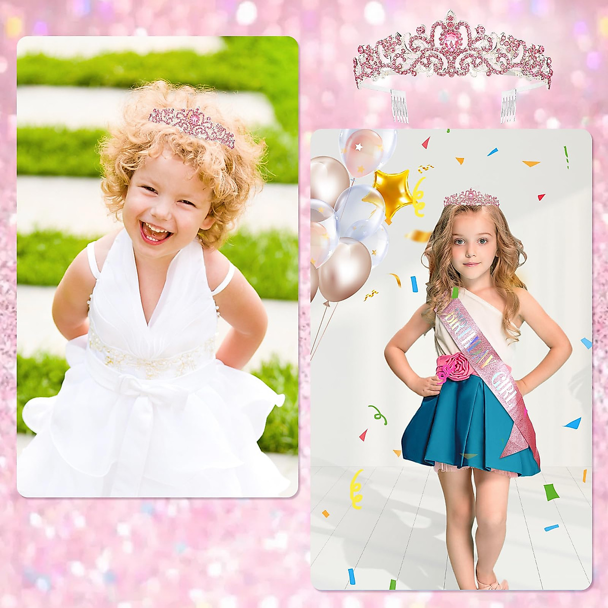 GINZU Pink Headbands Birthday Tiaras for Girls, Birthday Crown Sash Happy Birthday Girl Tiara Princess Birthday Party Decorations Gifts