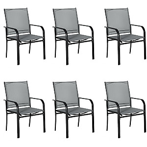 Crownland Outdoor Wrought Iron Dining Chairs Set of 6, Patio Textilene Dining Chair with High Backrest, Metal Frame Furniture Chairs with Armrests for Yard, Deck, Backyard, Lawn, Poolside (Grey)
