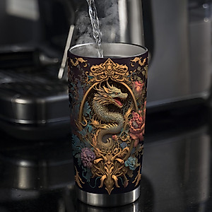 20oz Vintage Flower Dragon Tumbler, Gaming, Gamers Gifts for Dragon Lovers, Coffee Thermos for Women, Stainless Steel Double Wall Vacuum Insulated Coffee Mug, Travel Cup with Lid