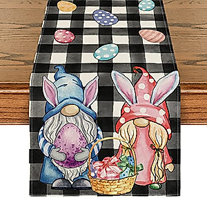 Artoid Mode Buffalo Plaid Bunny Gnomes Eggs Easter Table Runner, Spring Summer Seasonal Holiday Kitchen Dining Table Decor for Indoor Outdoor Home Party Decoration 13 x 72 Inch