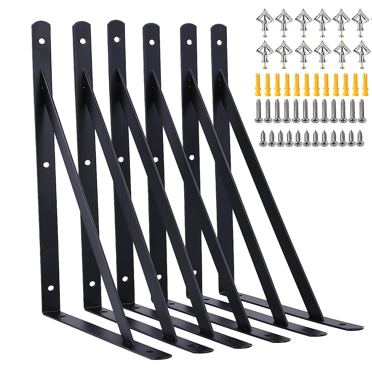 Shelf Brackets 12 x 8 inch, 6 Pack Wall Shelf Brackets with 90 Degree Triangle, Black Metal Shelf Brackets, Shelves L Brackets(300x190mm)