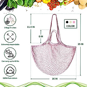 WOJEE Cotton mesh bags -Reusable Mesh Grocery Bags -Double handles net shopping bag-Mesh tote bag, fruit & vegetable market bags - 3 Pack (Beige, Pink, Black) -Large