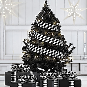 2 Rolls Christmas Checkered Ribbon Black and White Check Ribbon Diamond Check Wired Edge Ribbon Diamond Pattern Decorative Ribbons for Christmas Fall Tree Wrapping DIY Crafts (2.6 Inch)