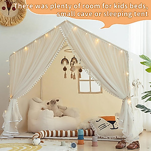 Kids Play Tent with Padded Mat, Kids Tents Large Princess Castle Pompoms Play House Indoor Playhouse Tent for Girl Bed Tents, Come with Star Lights