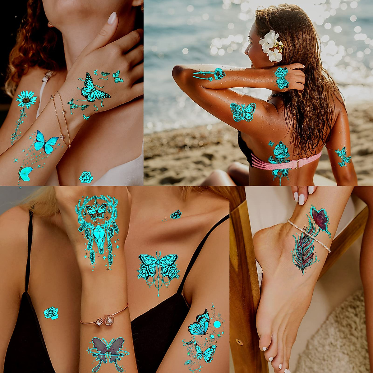 Glow In The Dark Butterfly Tattoos for Kids Girls, Konsait 12 Sheets Safe and Easy to Use Neon Butterfly Temporary Tattoos, Temporary Butterfly Glow Tattoos Glow Party Makeup Supplies Party Favors