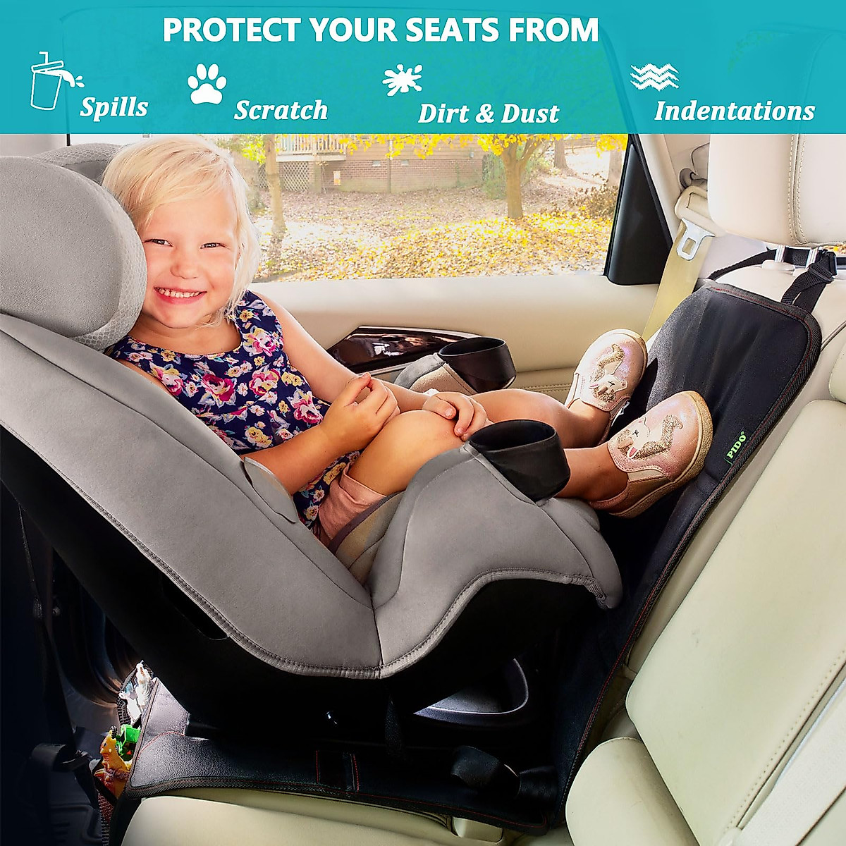 PIDO Car Seat Protector Under Baby Car Seat, Car Seat Mat for Leather Seats, Seat Protector Carseat with Thick Padding and Storage Pockets to Protect Vehicle Cloth and Leather Upholstery