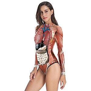 Sister Amy Womens Long Sleeve Printed Zipper Surfing One Piece Swimsuit Bathing Suit D-Human Internal Organs L/XL