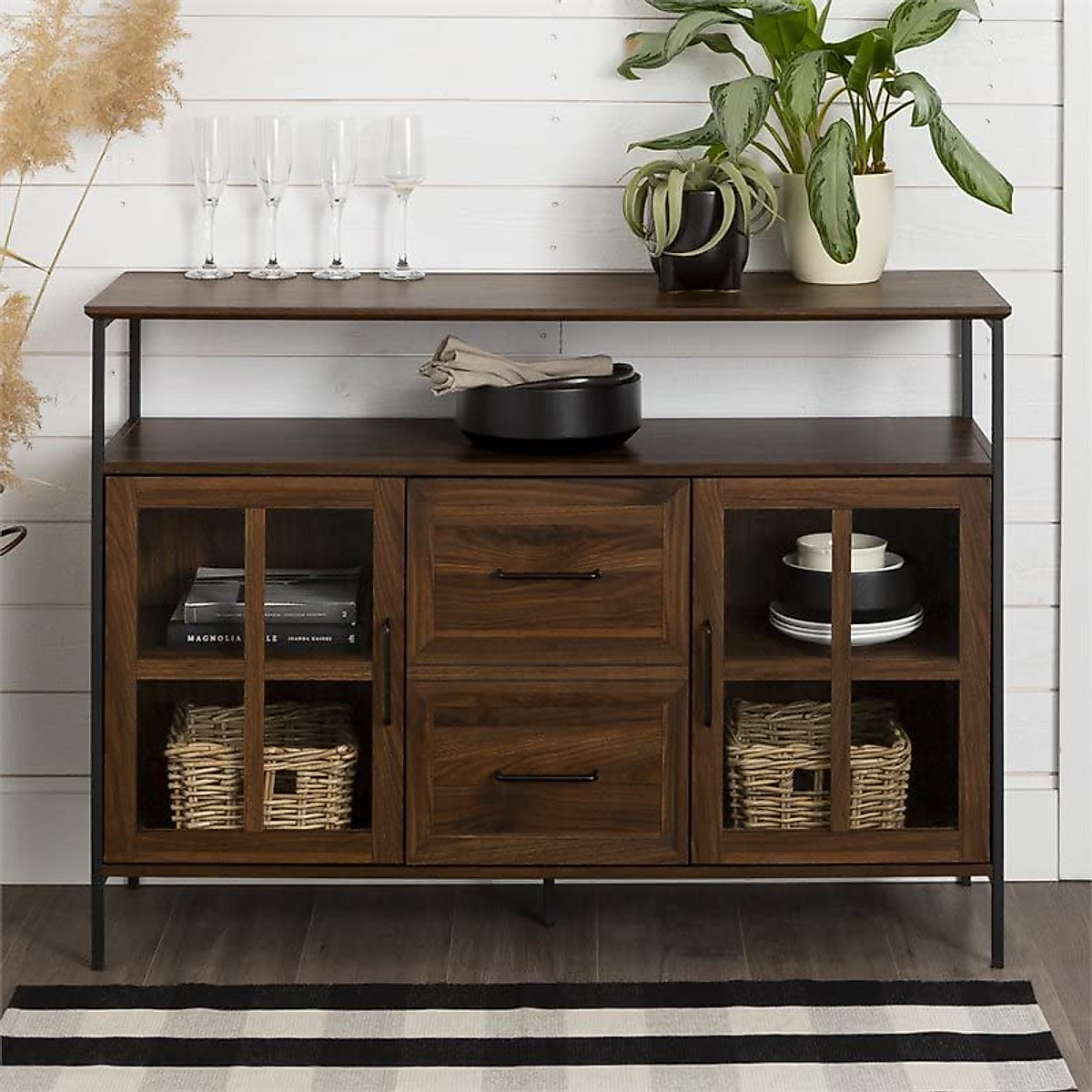 Walker Edison Furniture AZU48RAD3DDW Industrial 3-Door Buffet Sideboard for Kitchen-Dining Room, 48, Dark Walnut